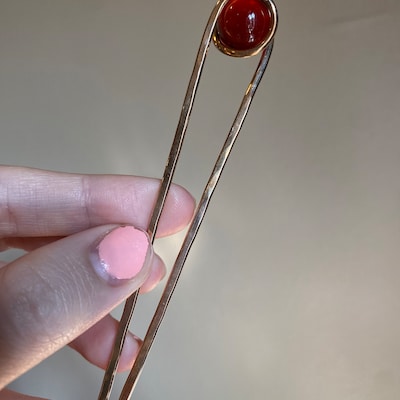 Mini Deep Red Hair Fork in Bronze With Glass Sphere Fine Hair Half up ...