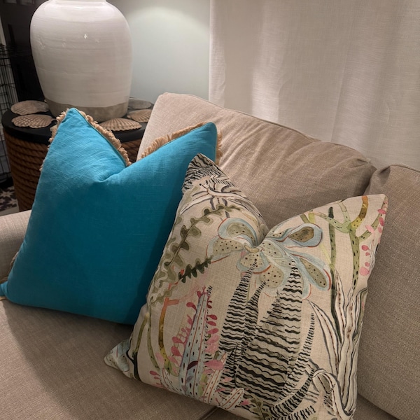 Green, Pink and Aqua and Ivory Floral Pillow Cover / Designer Hamilton ...