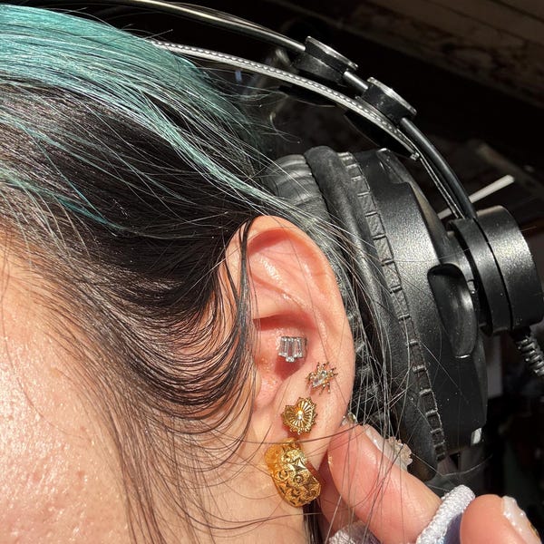 14K Solid Gold Moss Agate Rook Eyebrow Earring 3 Marquise Flower Curved ...