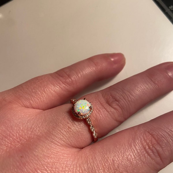 Round Cut Galaxy White Opal Engagement Ring Rose Gold Vintage Fire Opal ...