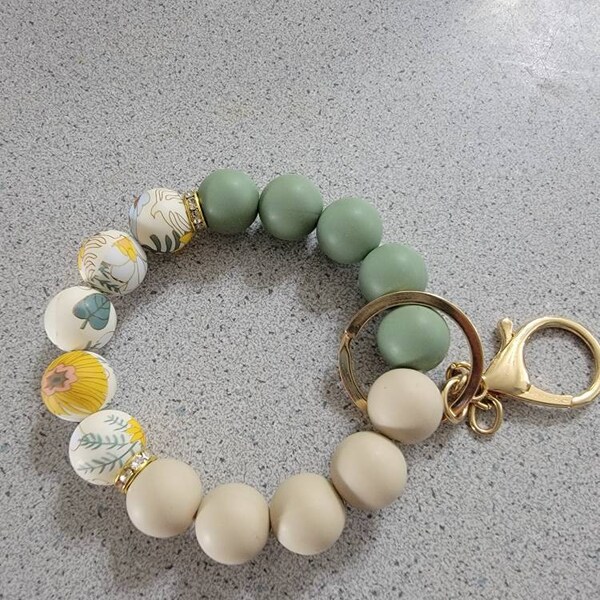 Rose Flower Wristlet Keychain Silicone Bangle Key Wristlet Boho Beaded ...