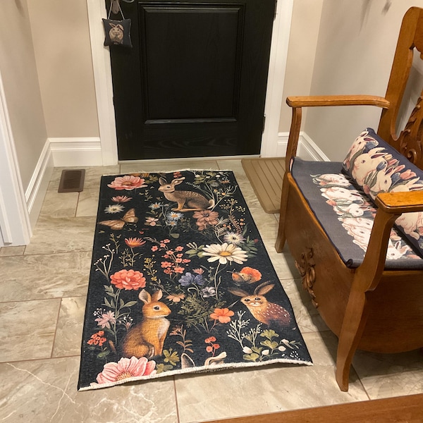 Nature Inspired Rabbit Rug, Patterned Rug, Bunny and Bloom Rug, Non ...