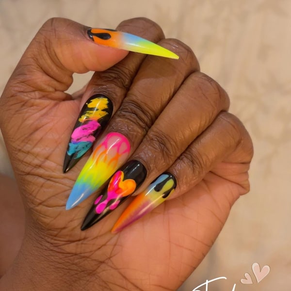 Pinky Neon Glam Press on Nails - Handmade Coffin Fake Nails V132 - Etsy