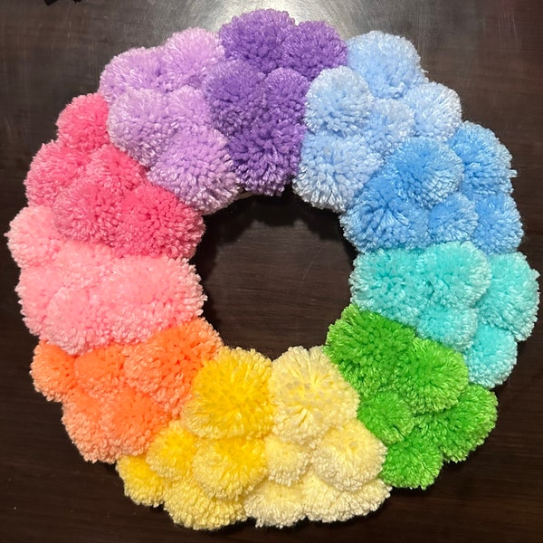 Festive Christmas Decor / Green Red White Xmas Pom Pom Wreath / Festive ...