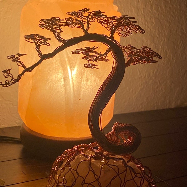 Copper Wire Cascade Bonsai Tree Sculpture on Grey Brown Agate Crystal ...
