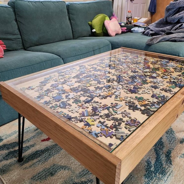 Rustic Puzzle Coffee Table With Removable Glass Top - Includes 2 Hidden ...
