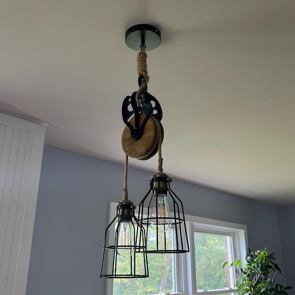 Rustic Farmhouse Pulley Lighting, Pendant Light With Antique Pulley for ...