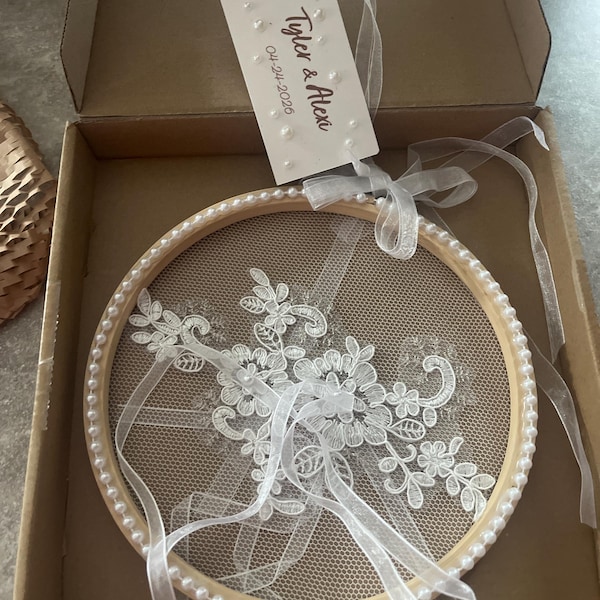 Personalized Lace & Pearl Wedding Ring Bearer Hoop: Rustic Elegant ...