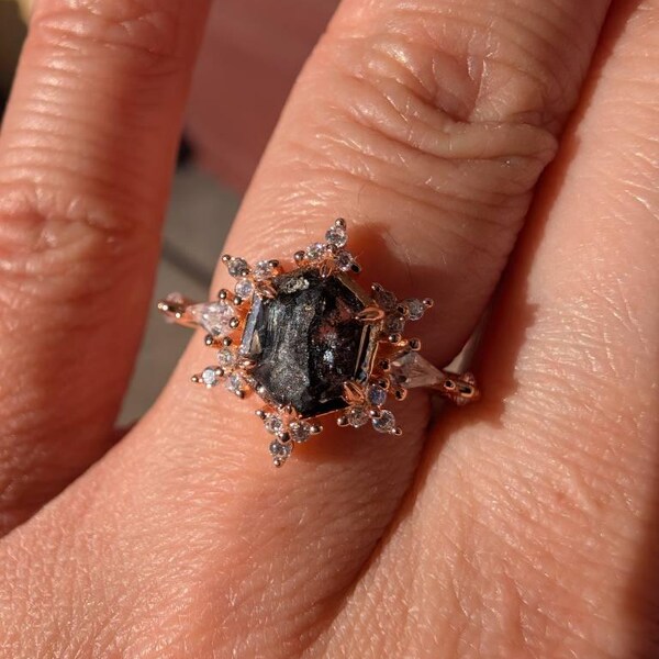 Mandy Vintage Natural Salt and Pepper Diamond Ring 14K Rose Gold Filled ...