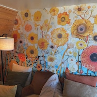 Teal Abstract Wallpaper With Colorful Flowers| Wall Decor | Home ...