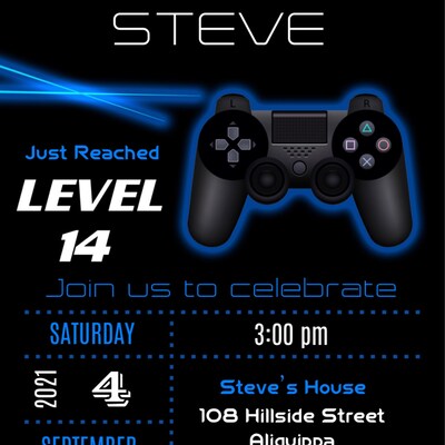 Game Invitation Blue Video Game Birthday Party Editable - Etsy