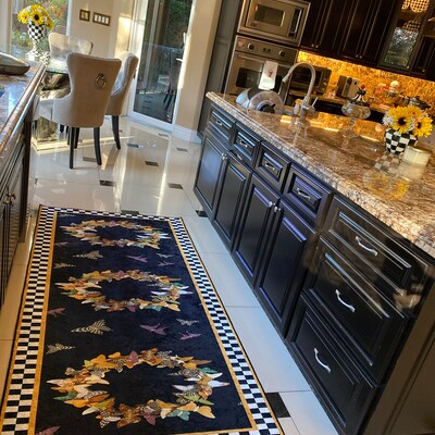 Check Area Rug-black Floral Carpet-traditional Anti Slip Rug-retro ...