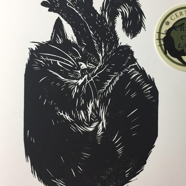 Handmade Linocut Print of Black Cat, Cute Cat Art, Fine Art Print ...