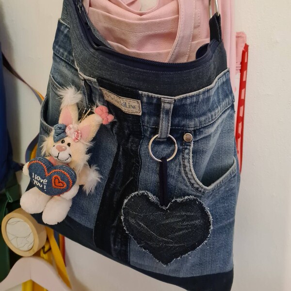 Small Denim Bag With Fringe, Slouchy Soft Textile Bag, Jeans Purse ...