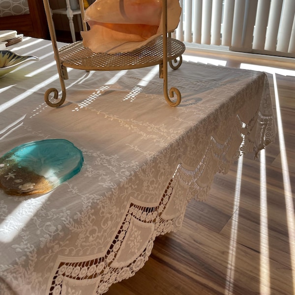 French Floral Lace Embroidered Rectangle Tablecloth/100% Cotton Table ...