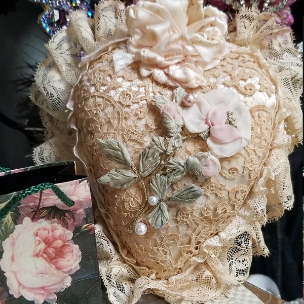 RARE Antique Edwardian Pink Rose Rosebuds Silk Ribbonwork Embroidered ...