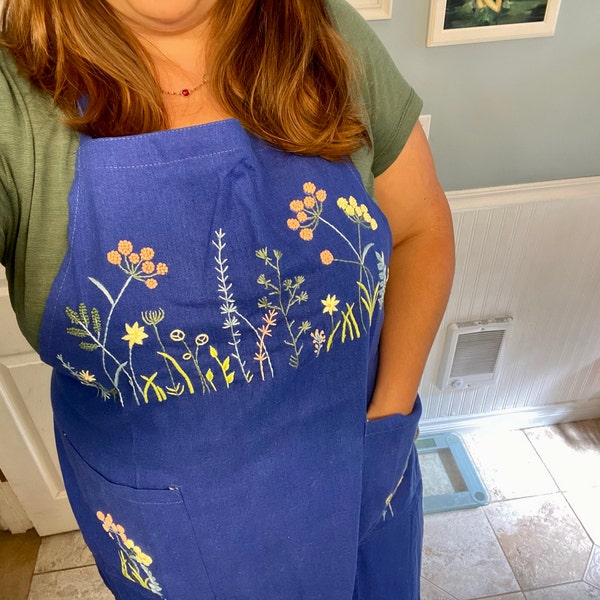 Embroidery Linen Apron With Flower, Apron With Pocket, Hand Embroidered ...