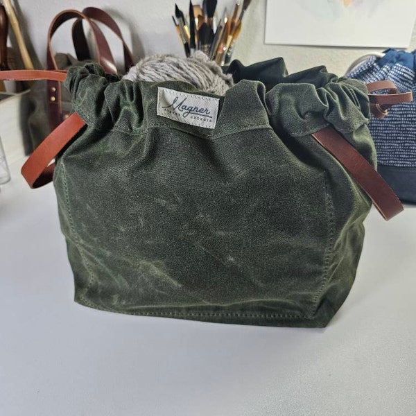 Knitting Project Bag, OLIVE GREEN Waxed Canvas and Leather Project Bag ...