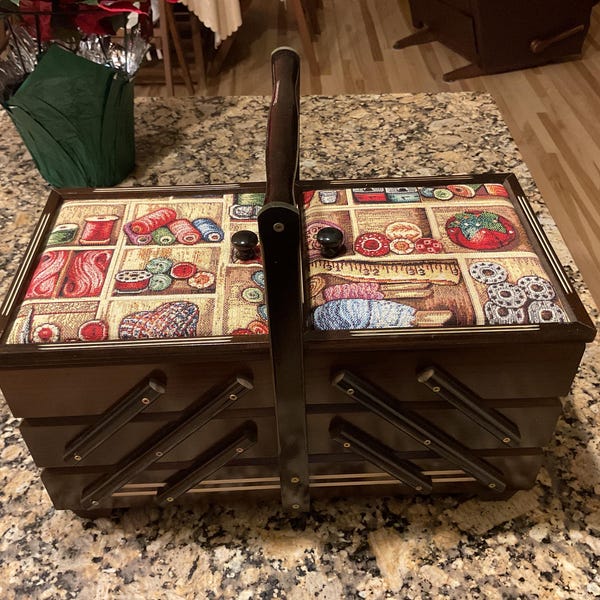Very Big Sewing Box From Wood, Dark Brown Sewing Caddy, Jewellery ...