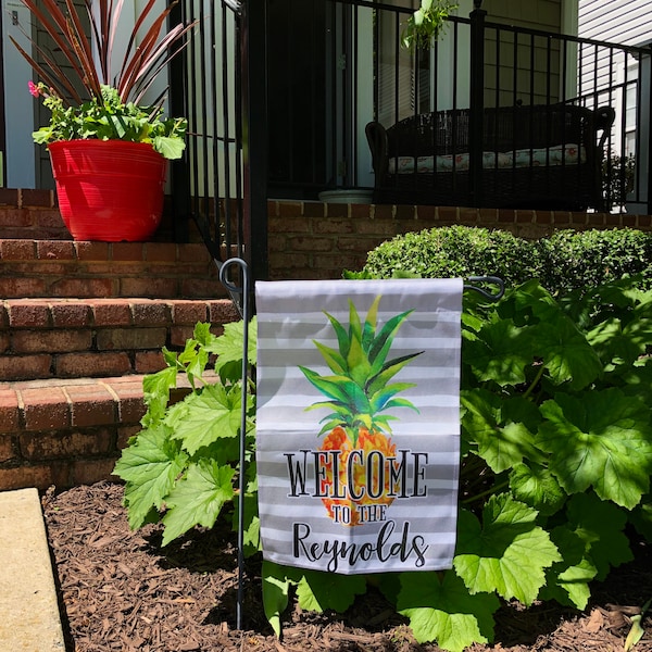 Personalized Pineapple Garden Flag - Black and White Stripe Welcome ...