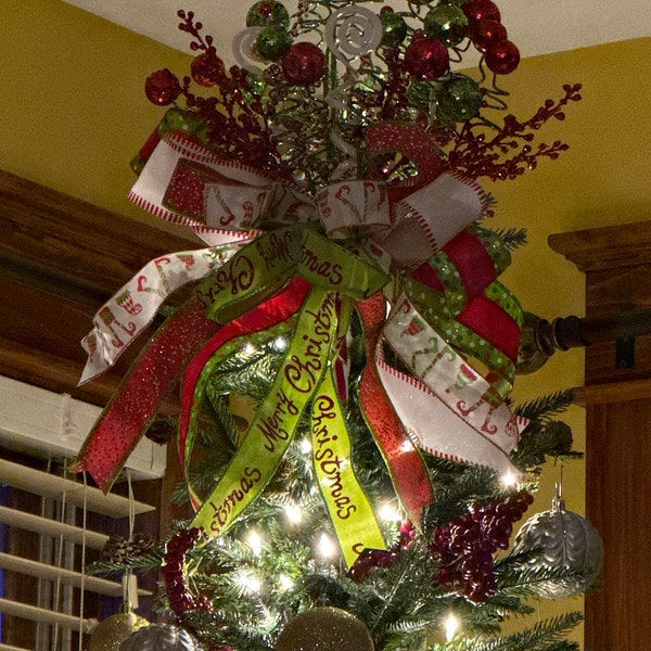 Whimsical Christmas Tree Topper, Red and Green Christmas Tree Topper ...