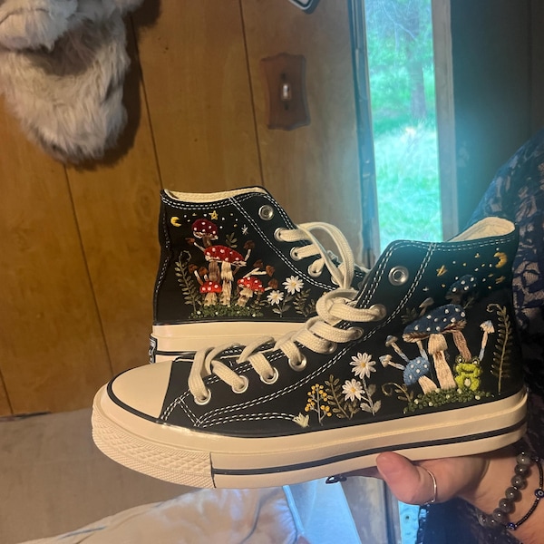Embroidered Converse Mushroom and Frog, Converse High Tops Chuck Taylor ...