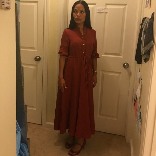 Rust Red Linen Shirt Dress, Casual Linen Maxi Dress With Drawstring ...