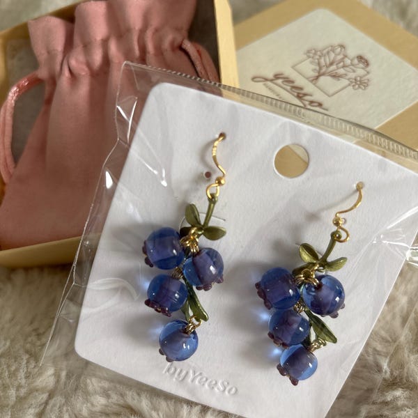 Blueberry Dangle Earrings, Glass Fruit Dangle Earrings, Berry Drop ...