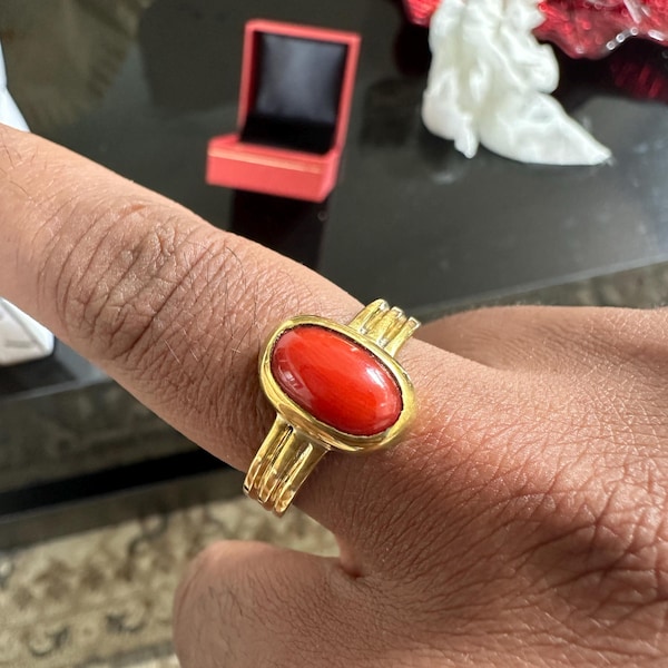 Natural Red Coral Cylindrical Shape (moonga) Gemstone Copper Ring | 3ct ...