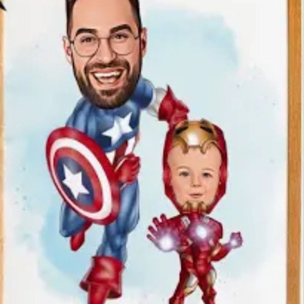 Custom Super Dad and Son Cartoon Portrait, Super Dad Portrait, Dad's ...