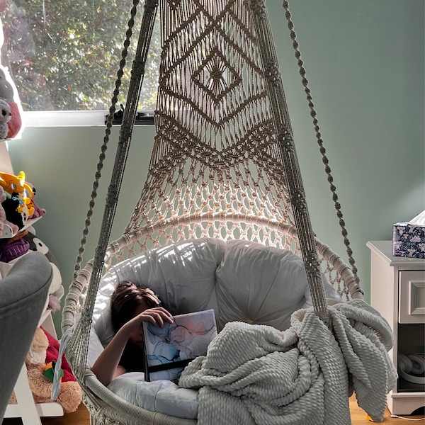 Macrame Swing Swing Cushion and Macrame Rug 3 Piece Full Set | Hanging ...