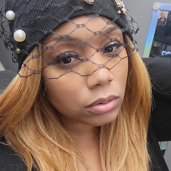 Beanie Hat, Veiled Black Beanie Hat With Veil in Waffle Net, Funeral ...