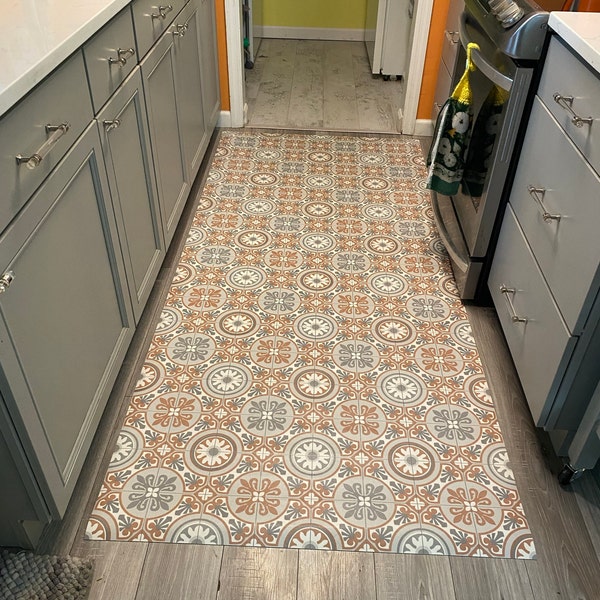 Kitchen Runner Rug in Terracotta Spanish Tile Pattern, Linoleum Vinyl ...