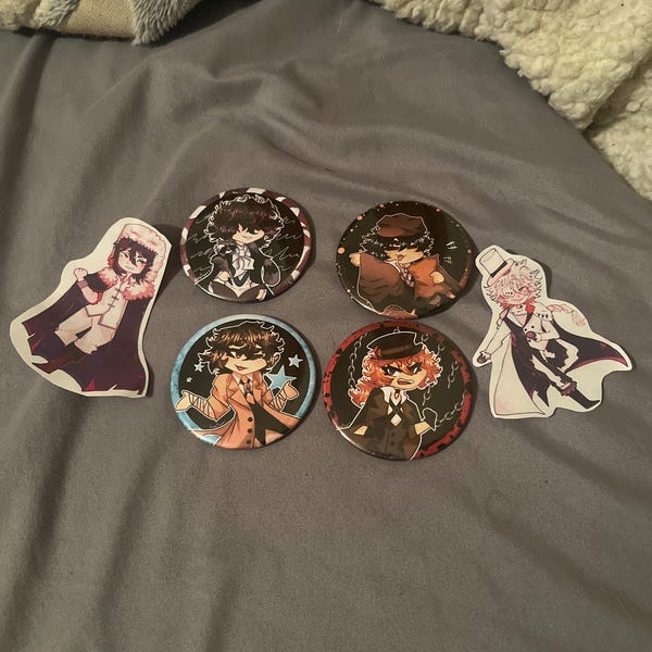 BSD Bungou Stray Dogs Pins - Osamu Dazai, Nakahara Chuuya, Edgar Allan Poe, Edogawa Ranpo ...