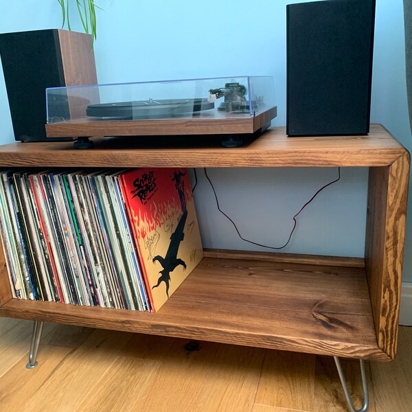 Rustic Industrial Record Player Stand: Solid Wood Vinyl Storage - Etsy UK