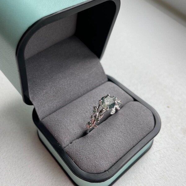 Vintage Moss Agate Engagement Ring Art Deco Leaf Promise Ring Nature ...