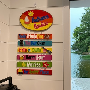 Backyard Paradise Hand Painted Wood Wall Hanger Sign Personalized Tiki ...