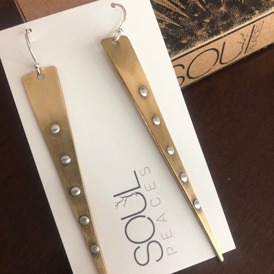 Sexy Rocker Studded Earrings Rustic Brass Long Narrow - Etsy