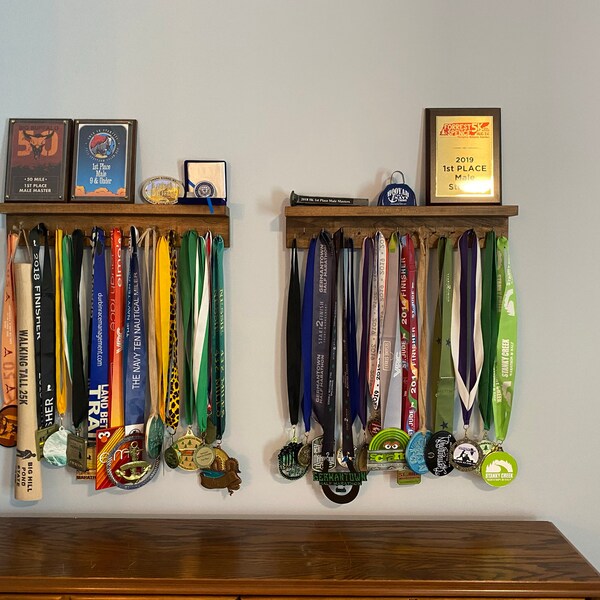 Custom Medal Display Shelf: Wide Top, Ribbon Hooks, Award Rack - Etsy