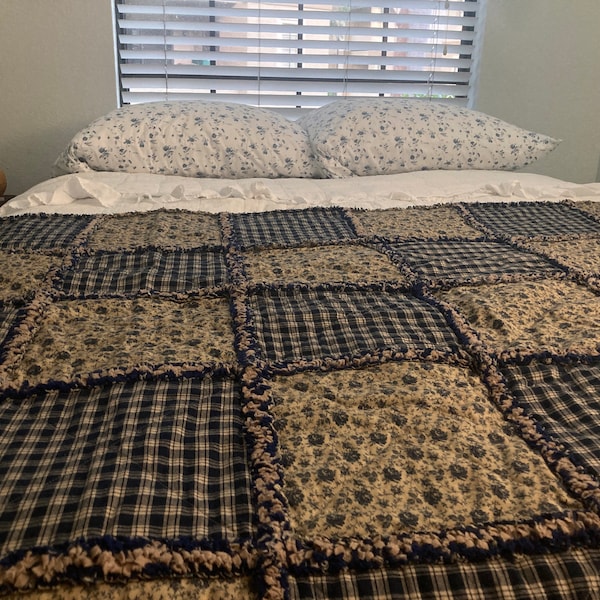 Blue Country Rag Quilt: Handmade Cotton Floral & Plaid Throw (52x42) - Etsy