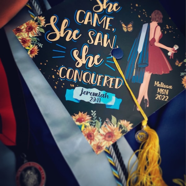She Came, She Saw, She Conquered Printed Graduation Cap Topper ...