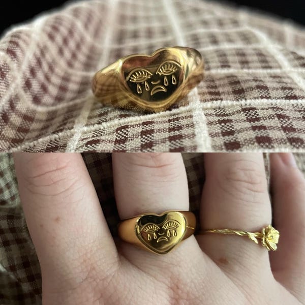 Crying Heart Tattoo Ring 18K Gold Plated Signet Heart Shaped Size US 5 ...