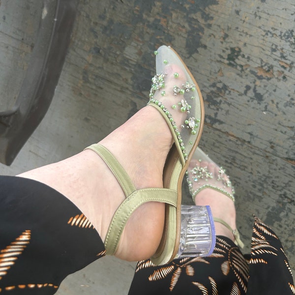 Sage Green Pointed Toe Beaded Party Shoe, Elegant Embroidery Wedding ...