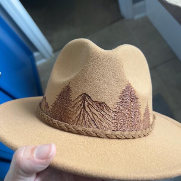 Moon Fedora, Wood Burned Hats, Pine Tree Hat, Boho Hat, Small Brim Hat ...