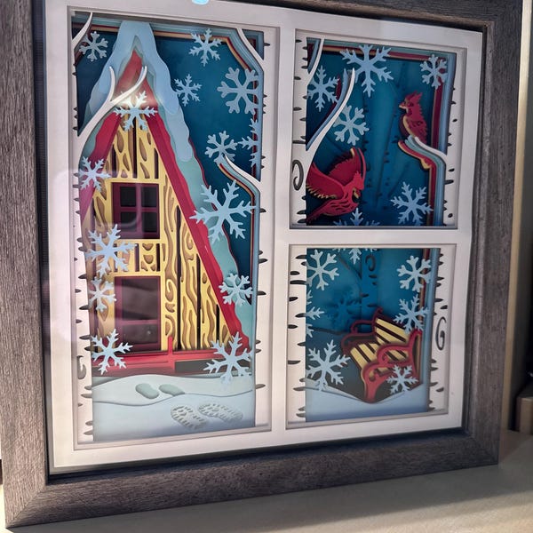 Winter Cabin With Cardinals Panels - 3D Shadow Box Layered SVG DXF EPS ...