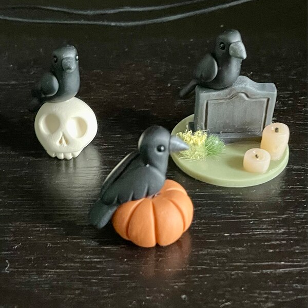 Mini Polymer Clay Crow Sitting on a Skull - Etsy