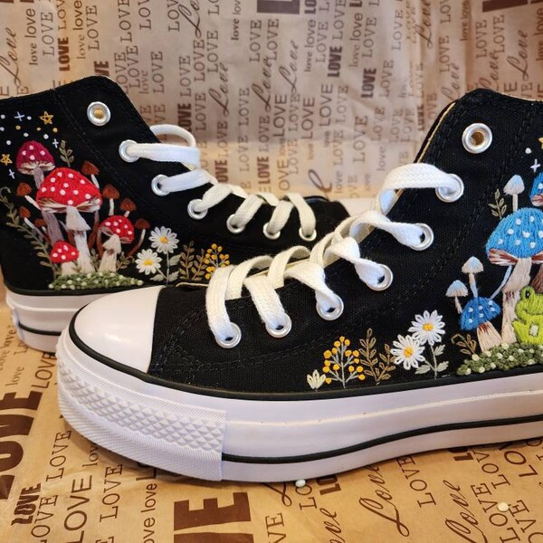 Embroidered Converse Mushroom and Frog, Converse High Tops Chuck Taylor ...