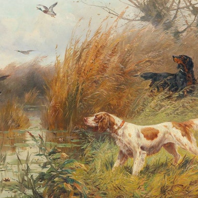 Duck Hunting Bird Dogs Vintage Oil Painting Pointer Dog Landscape ...