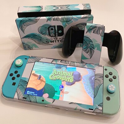 Green Leaves Pattern Nintendo Switch Vinyl Sticker Turquoise Solid ...