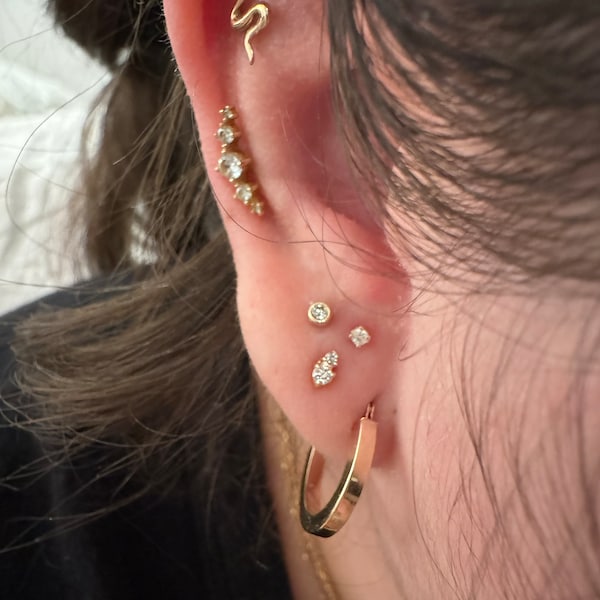 14k Gold Two Diamond Stud, Second Hole Stud, Tiny Post Earring, Mutiple ...